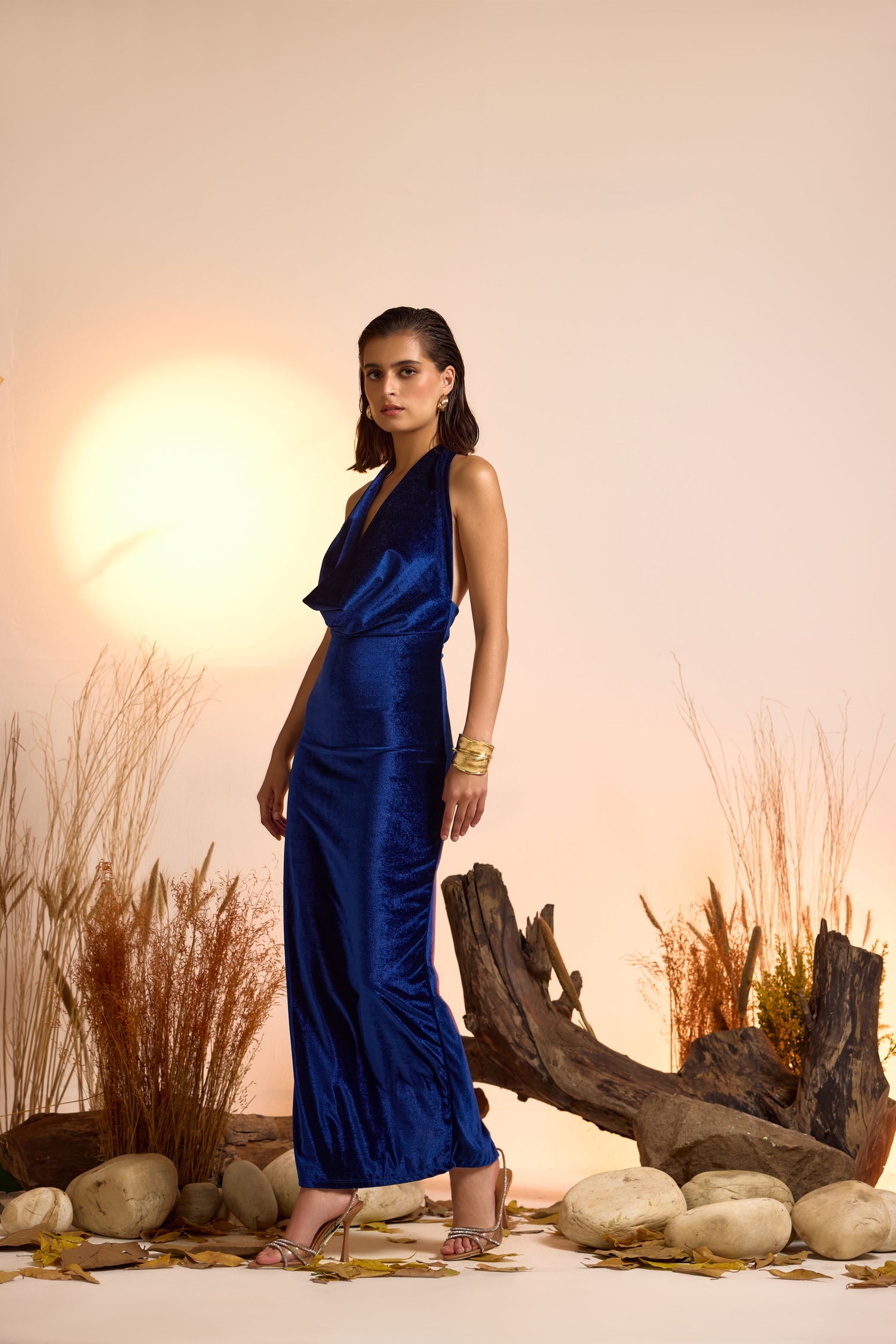Deep Cowl Neck Velvet Maxi Dress for Women Online