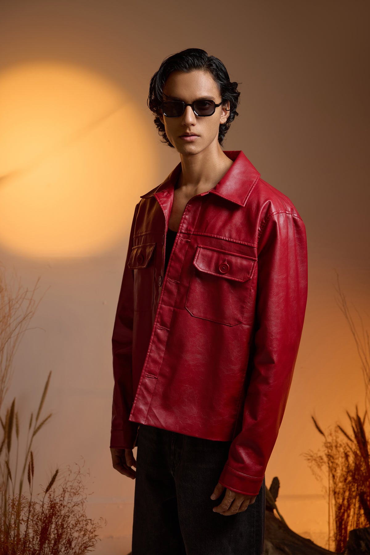 Buy Cherry Red Utility Oversized Faux Leather Jacket for Men