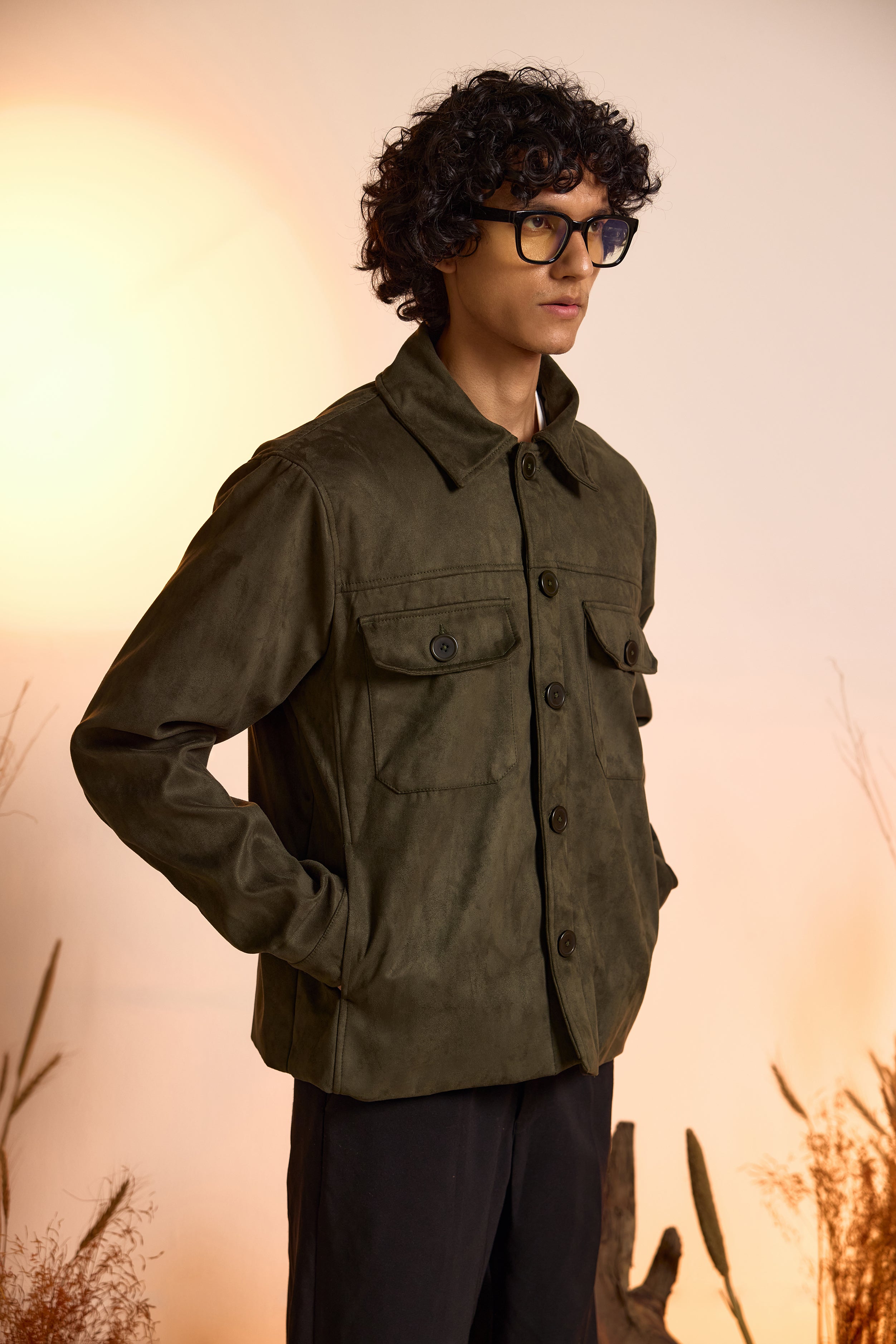 Shop Olive Green Suede Utility Oversized Jacket for Men