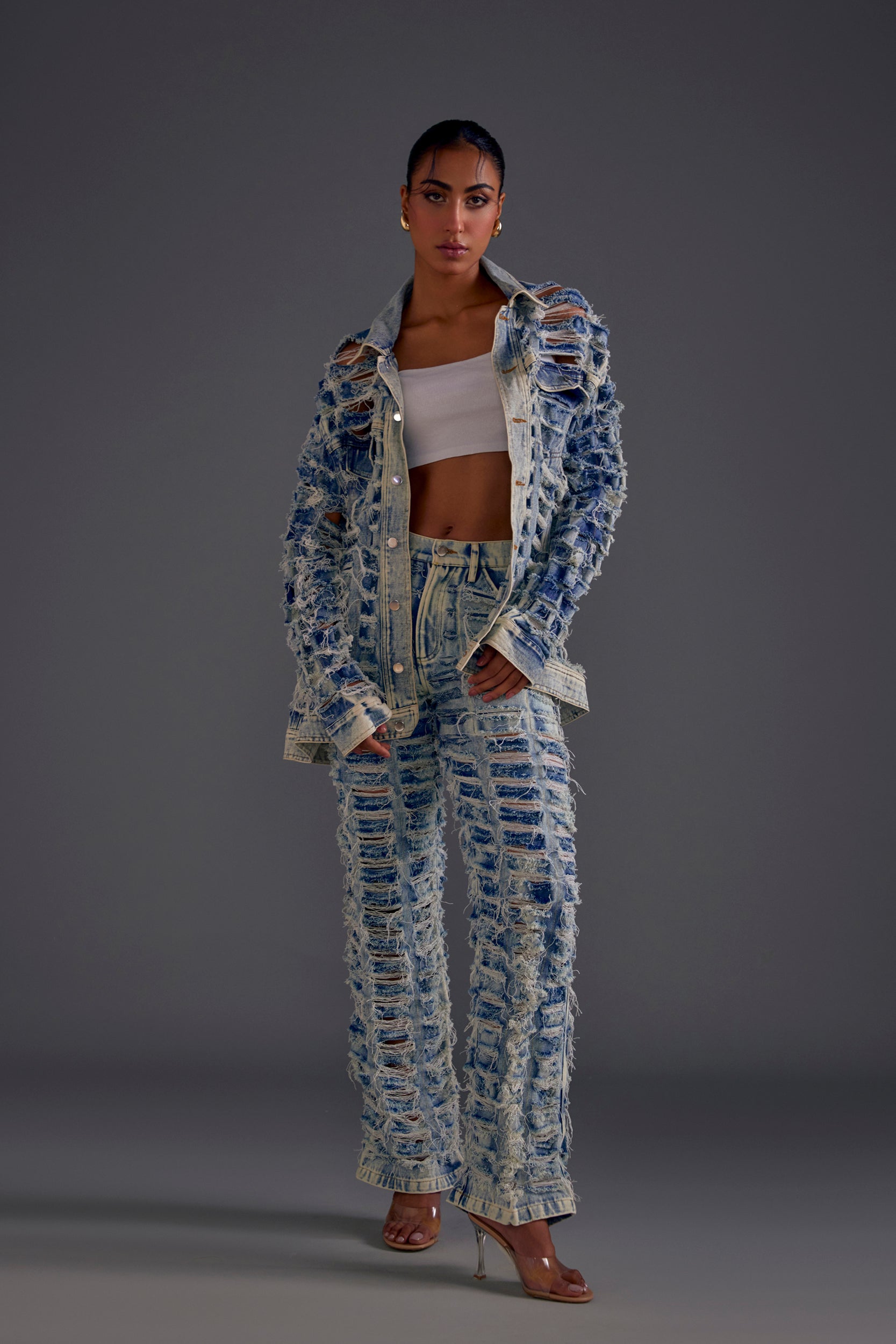 Blue Distressed Denim Jacket and Jeans Set