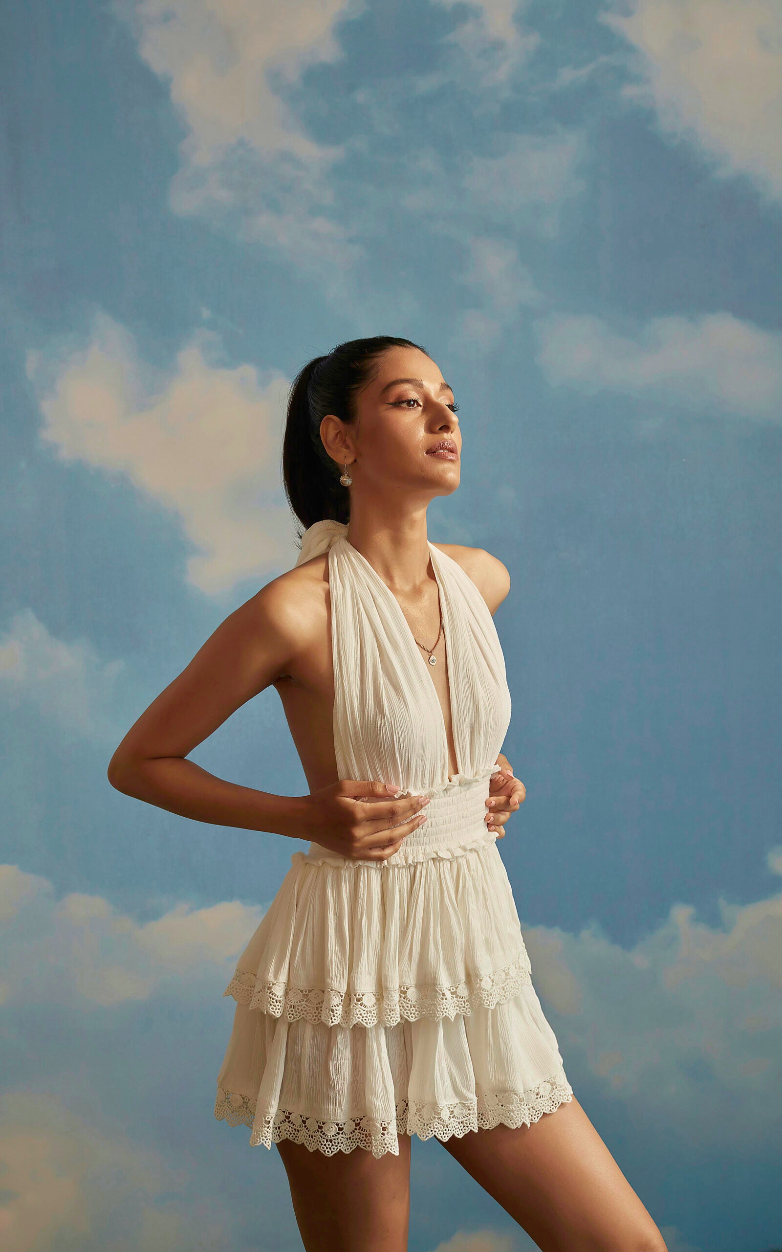 Halter Neck Tie Up Dress With Lace Detail